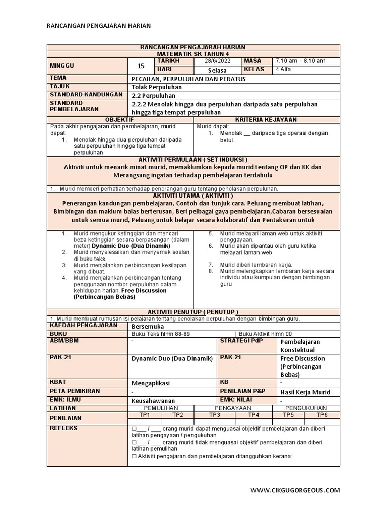 RPH Minggu 12 Matematik THN 4 by Cikgu Gorgeous | PDF