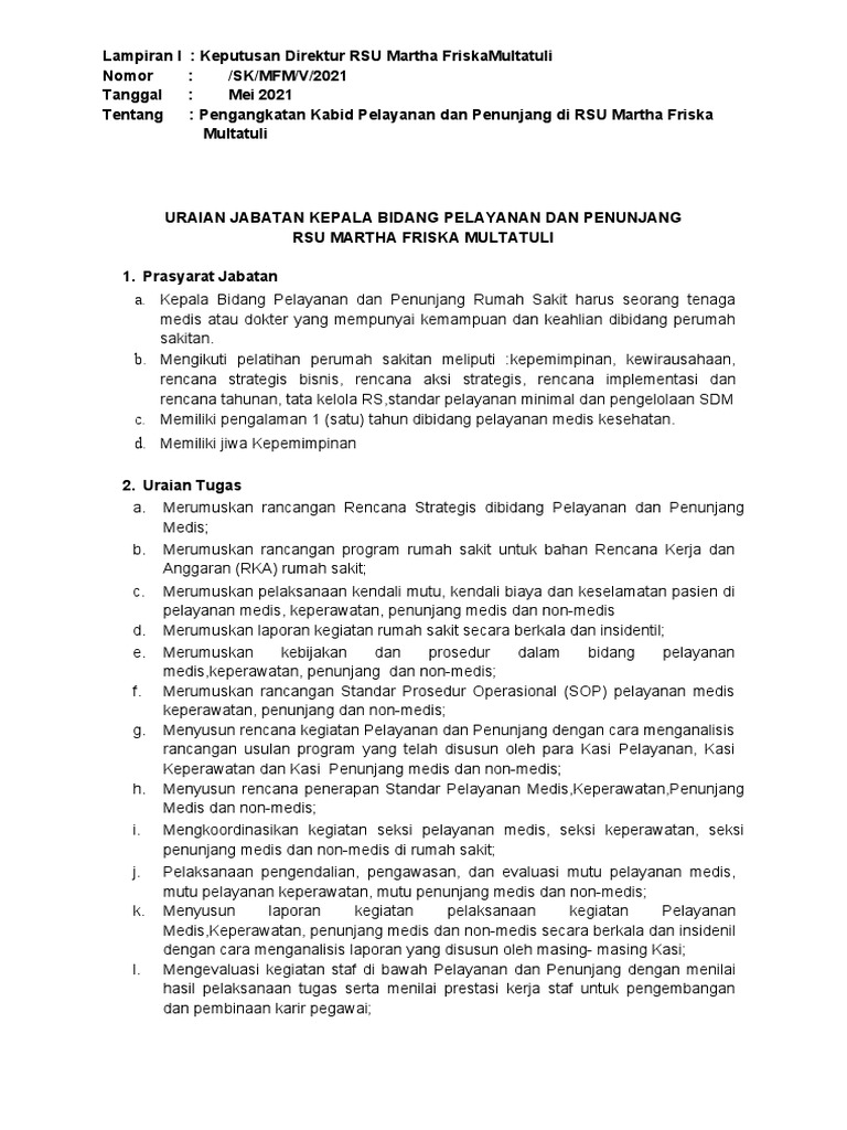 Uraian Jabatan Kepala Bidang Pelayanan Dan Penunjang | PDF | Bisnis | Pengembangan Diri