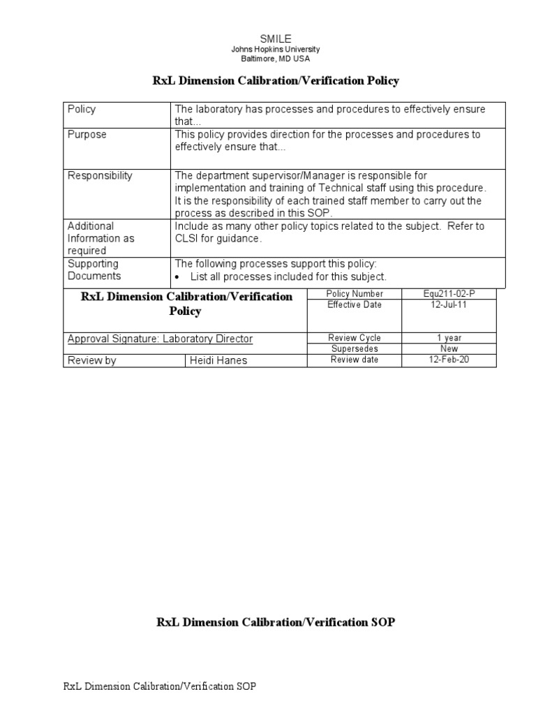 Equ211-02 RXL Calibarion SOP | PDF | Calibration | Verification And ...
