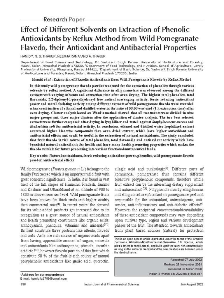 Effect of Different Solvents On Extraction of Phenolic Antioxidants by Reflux Method From Wild ...