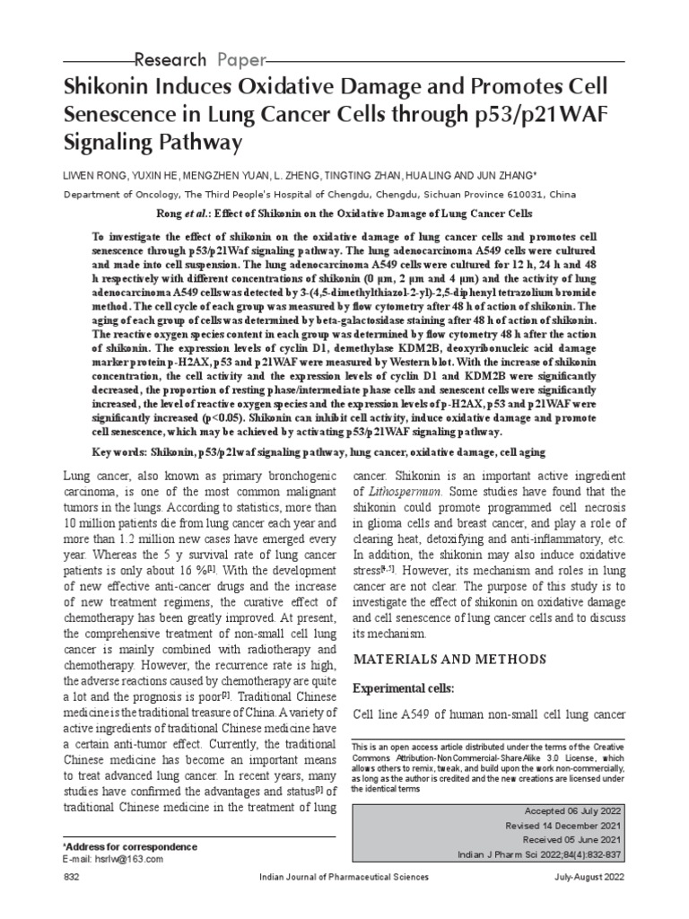 Shikonin Induces Oxidative Damage and Promotes Cell Senescence in Lung ...