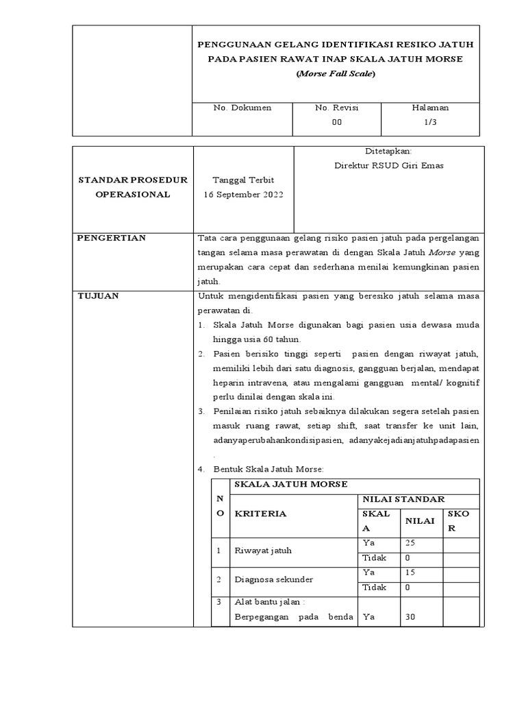 Sop Penggunaan Gelang Resiko Jatuh Morse (Morse Fall Scale) | PDF