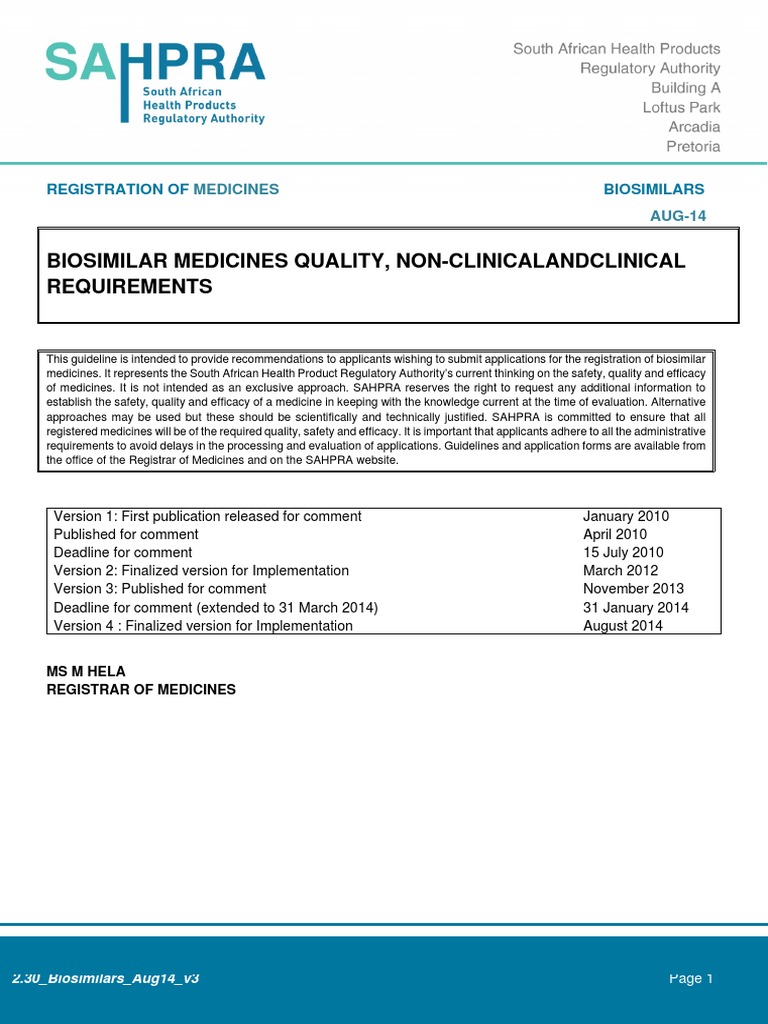 Sahpra Biosimilars Medicines Guidance | PDF | Pharmacokinetics | Pharmacovigilance