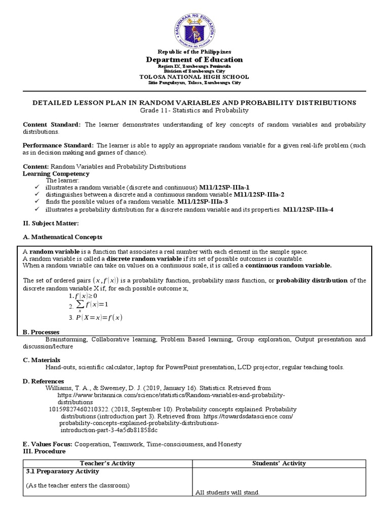 Random Variables and Probability Distriburion Lesson Plan | PDF | Probability Distribution ...