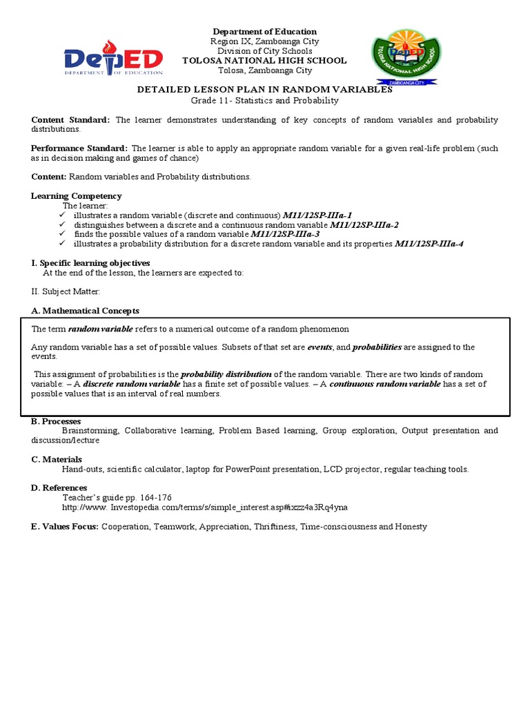 Lesson Plan Observation - Random Variables | PDF | Probability ...