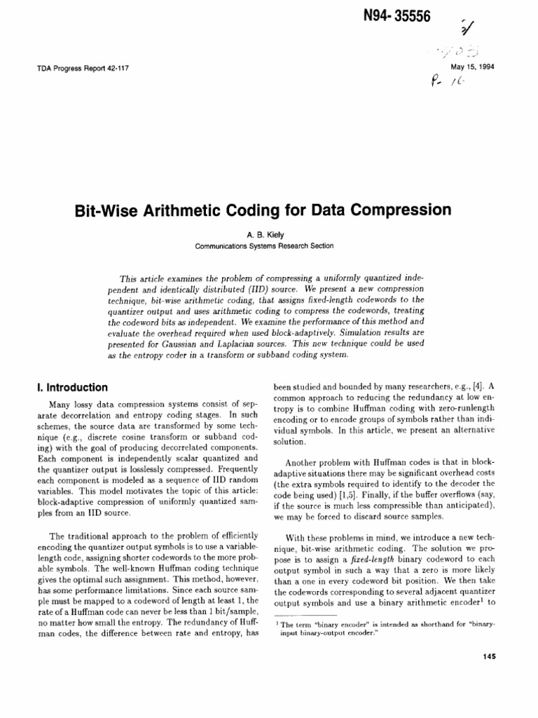 Bit Wise Arithmetic Coding For Data Compression Pdf Data Compression Bit 7656