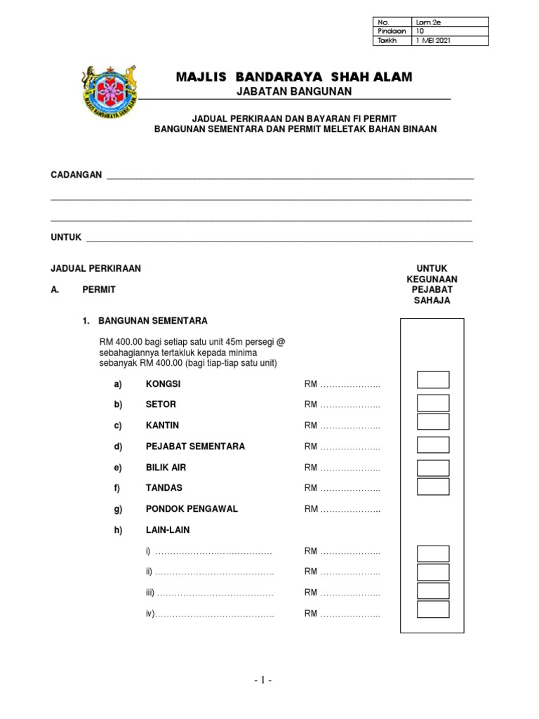 (Jadual Perkiraan Dan Fi Pelan - Permit | PDF