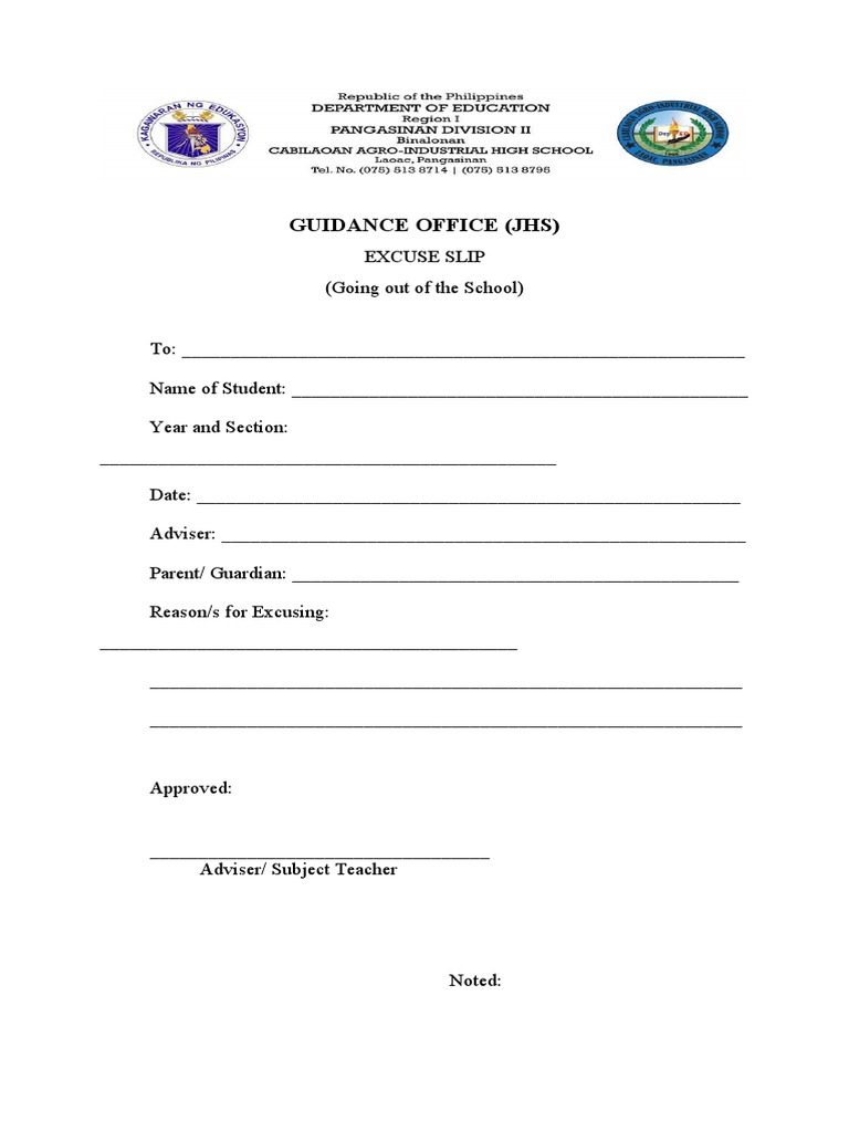 School Excuse Slip Template | PDF | Career & Growth | Social Science