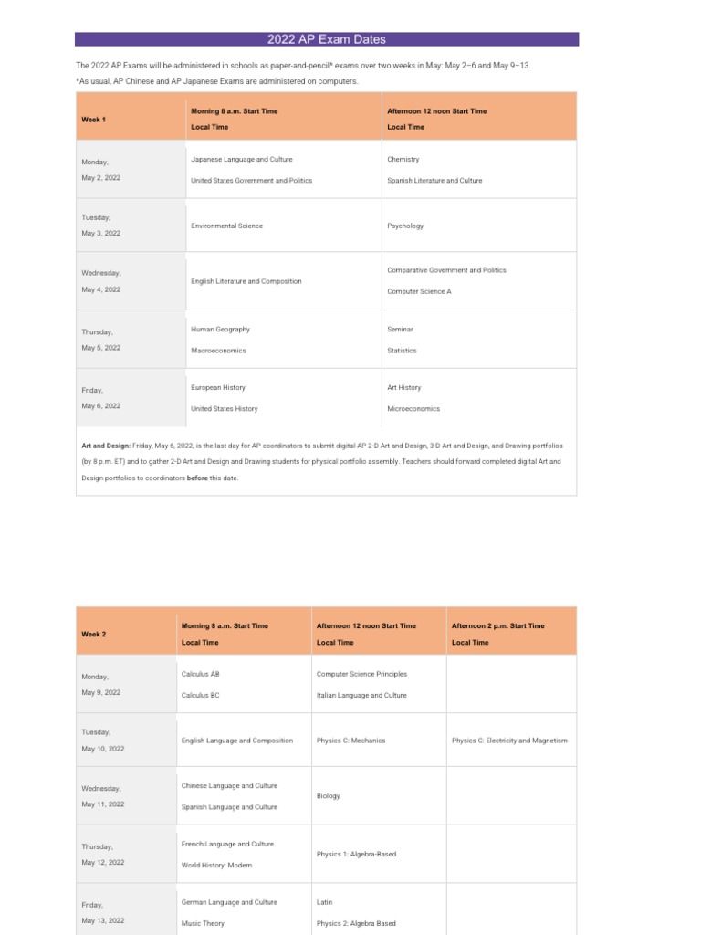 2022 Ap Exam Schedule | PDF | Advanced Placement | Science