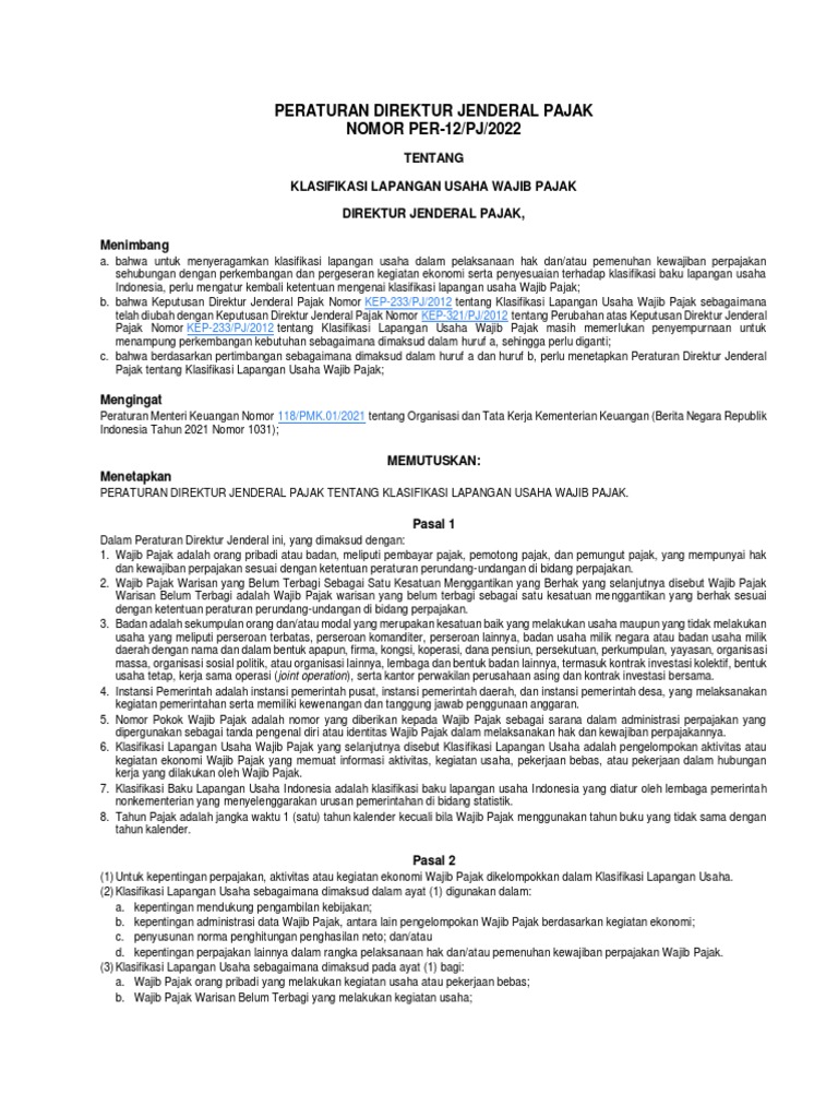 PER 12 THN 2022 - KLU KBLI (GABUNGAN DENGAN LAMPIRAN) | PDF