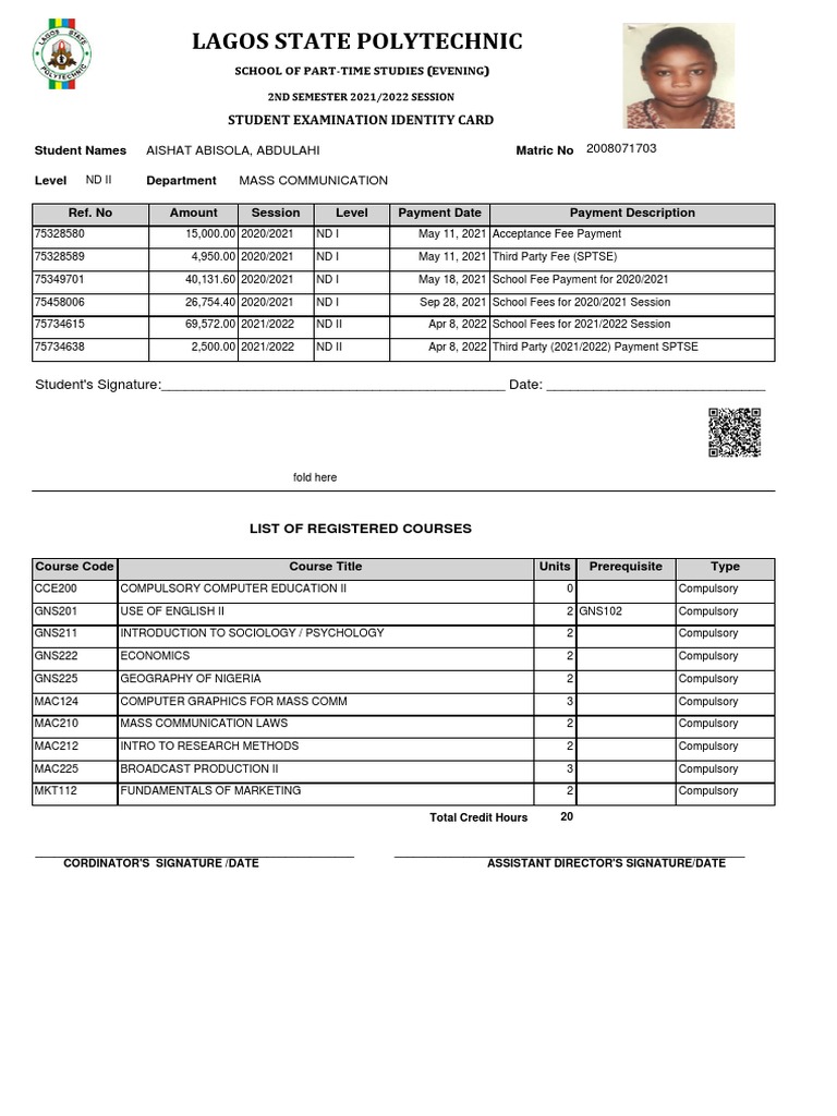 Student Examination Identity Card and Course Registration for Aishat Abisola Abdulahi in Mass ...