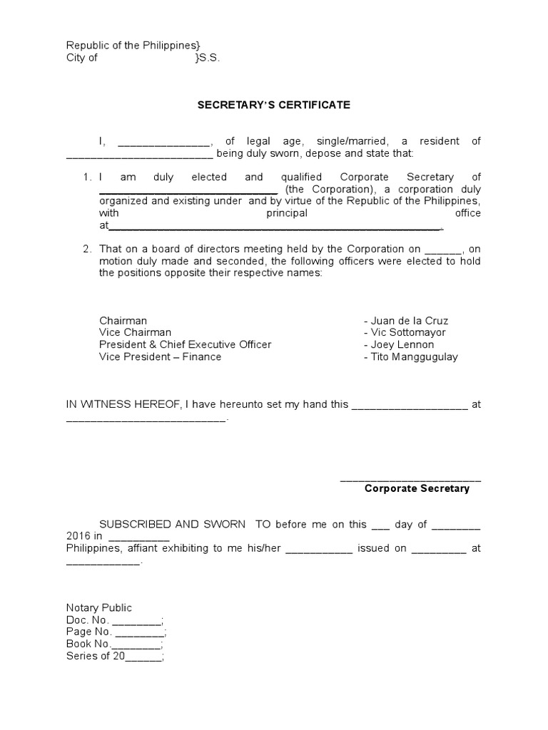 Sample Secretary's Certificate On Change of Officers | PDF