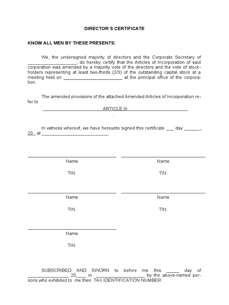 Sample of Directors Certificate - Amended Articles of Incorporation | PDF