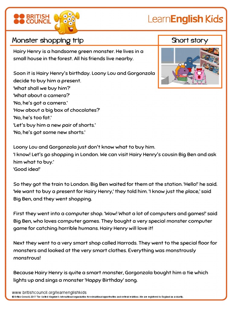 Short Stories Monster Shopping Trip Transcript | PDF
