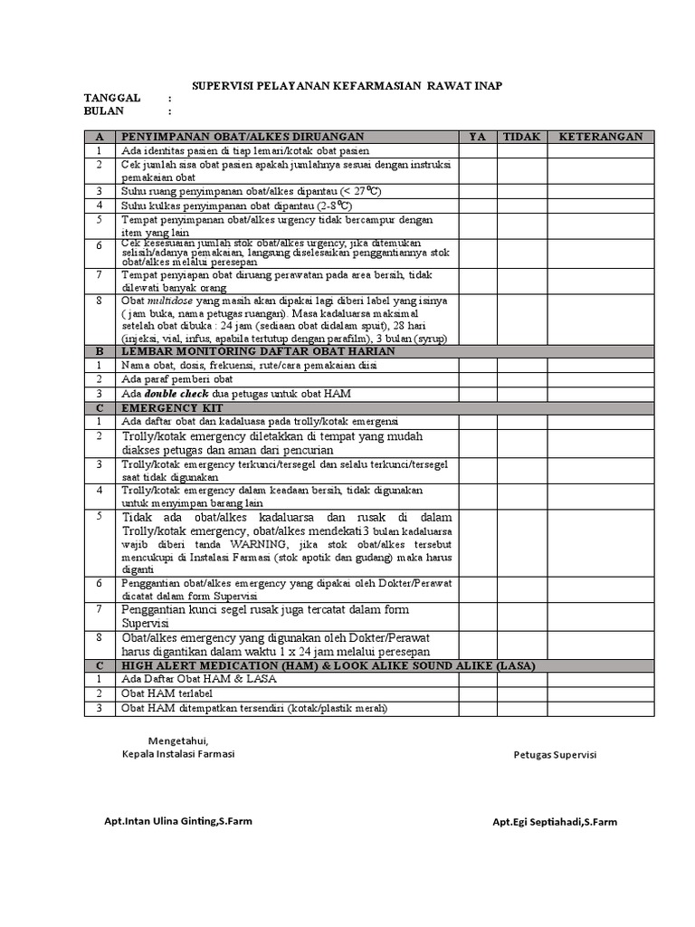 Form Ceklist Supervisi Rawat Inap | PDF