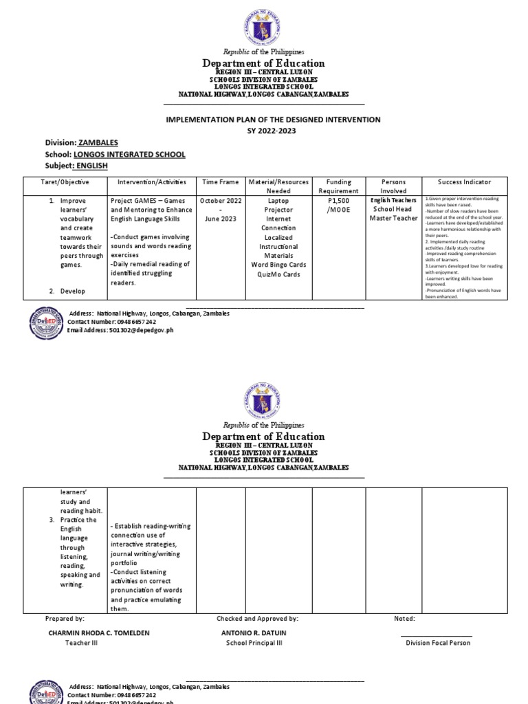 Grade 6 English Intervention Plan | PDF | English Language | Linguistics