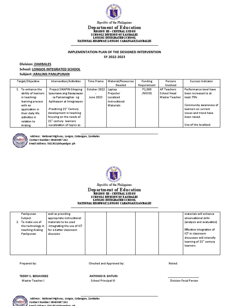 Implementation Plan of The Designed Intervention - Araling Panlipunan ...