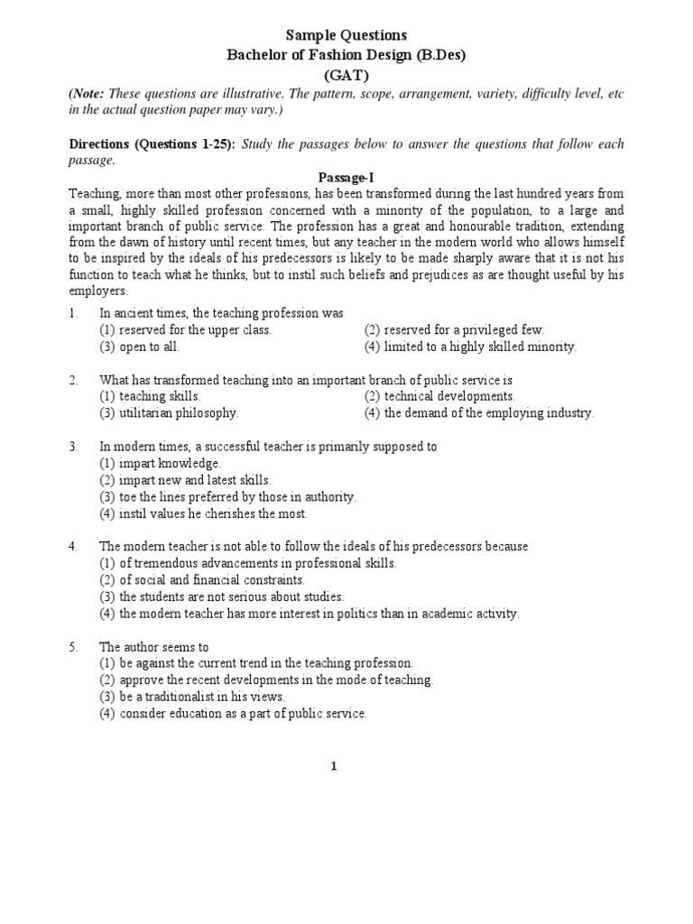 Sample Paper For BDes | PDF | Teachers | Numbers