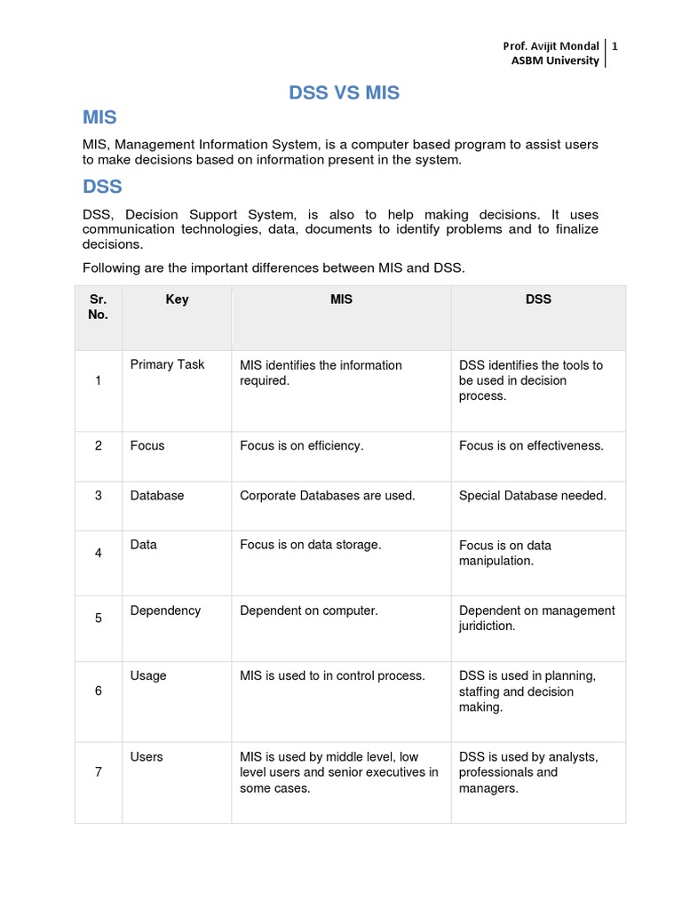 DSS VS Mis | PDF | Management Information System | Databases