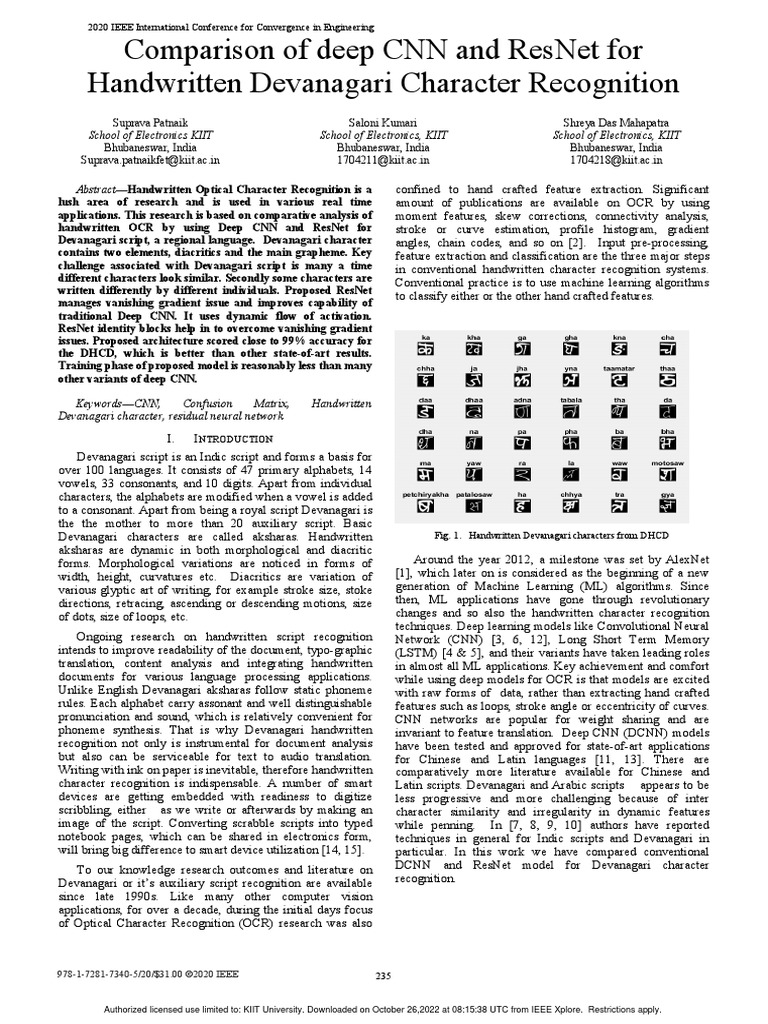 Comparison Of Deep Cnn And Resnet For Handwritten Devanagari Character Recognition Pdf