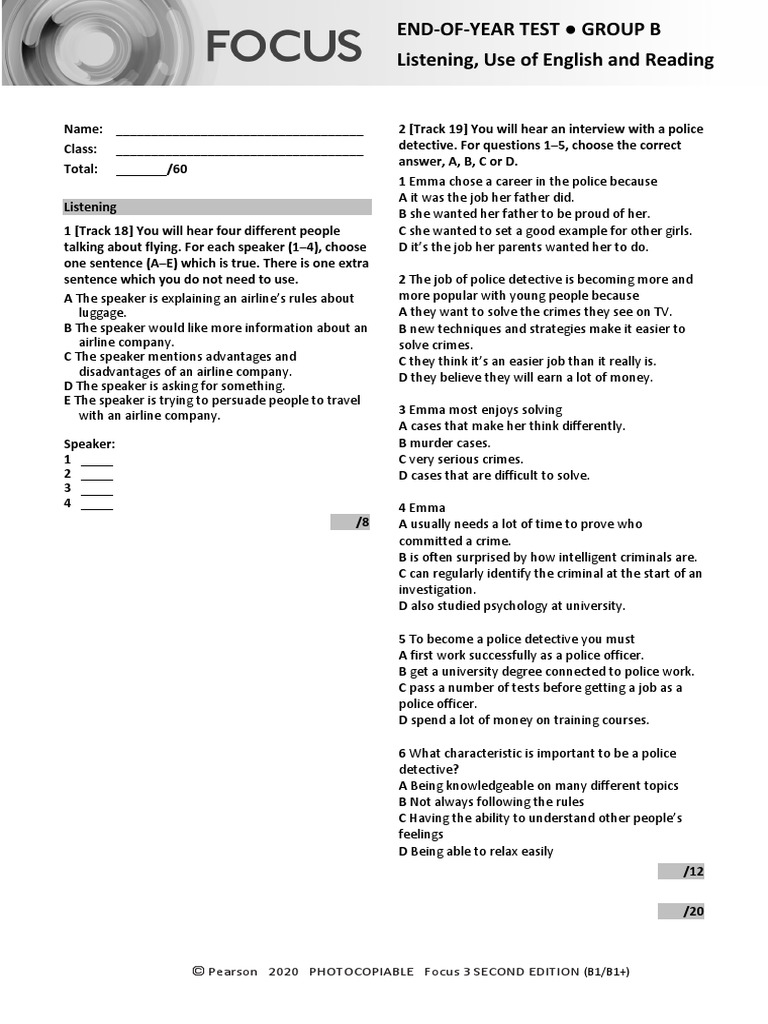 Focus3 2E End of Year Test Listening UoE Reading GroupB | PDF | Detective