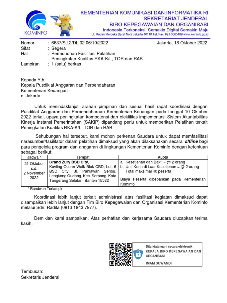 Surat Permohonan Fasilitasi Pelatihan RKAKL TOR RAB | PDF