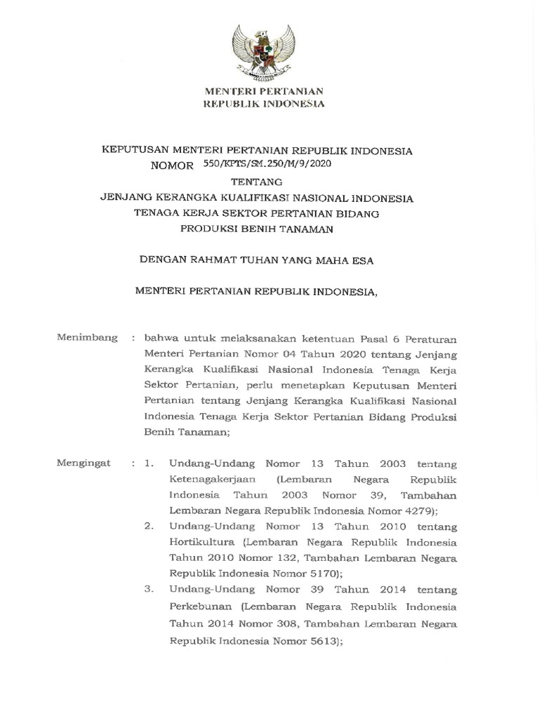 KKNI 2020-550 Kepmentan Jenjang KKNI Bidang Produksi Benih Tanaman | PDF