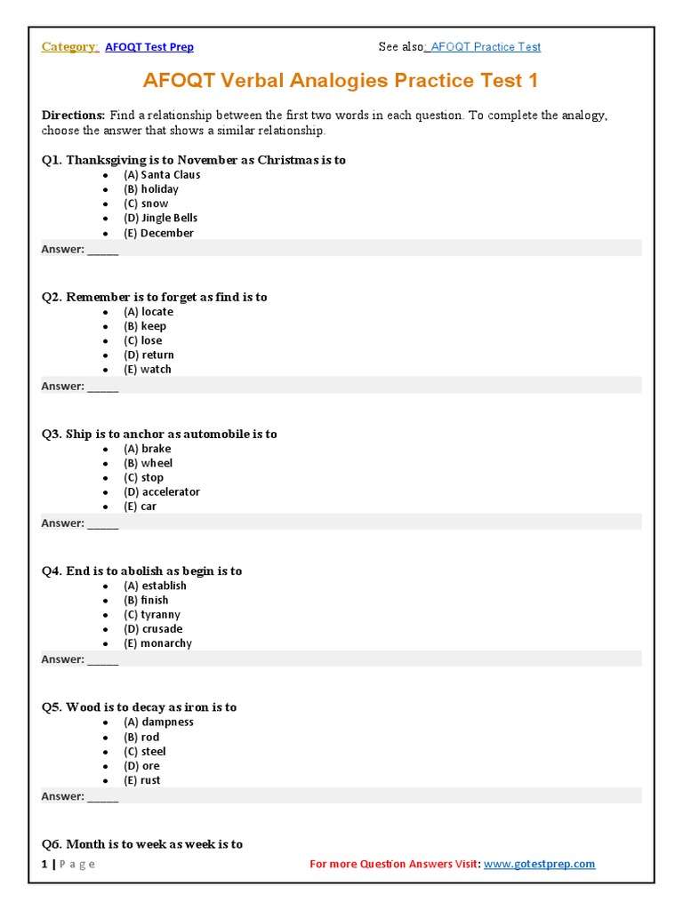 AFOQT Verbal Analogies Test 1 | PDF
