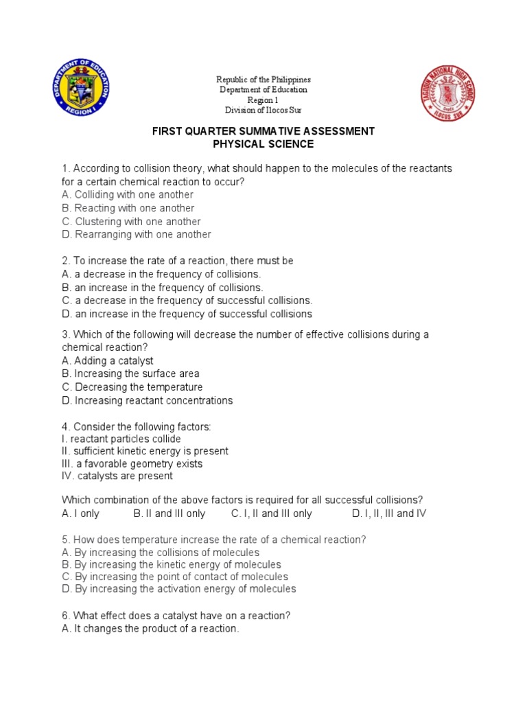 Physical Science Summative Exam. First Quarter | PDF | Reaction Rate ...