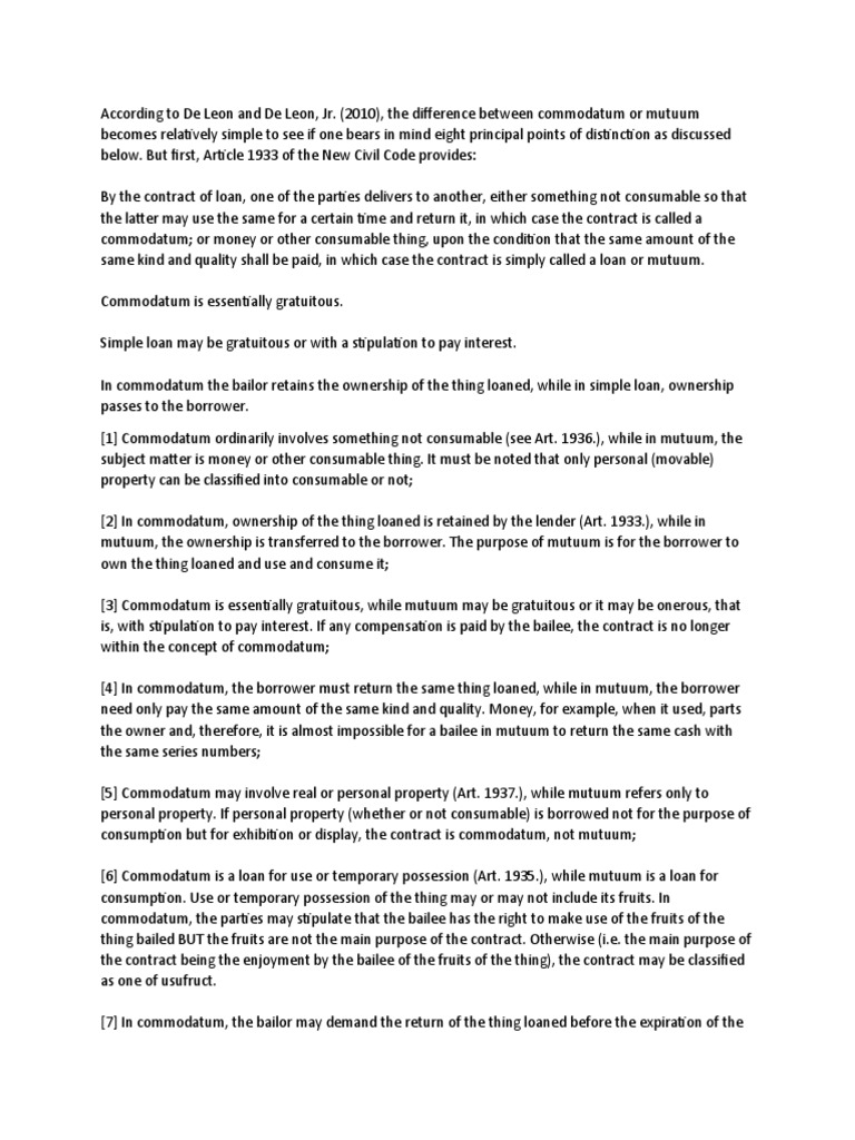 Comodatum Vs Mutuum | PDF | Loans | Business