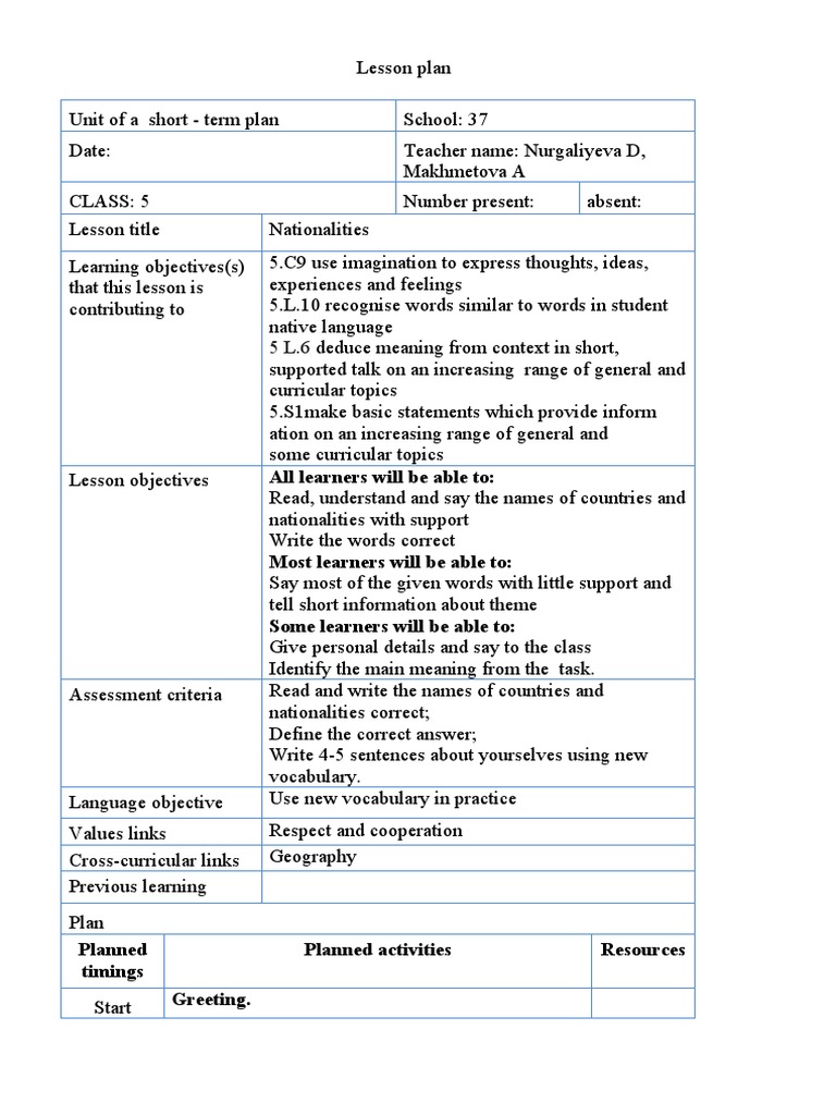 5grade Short Term Plan | Download Free PDF | Vocabulary | Teachers