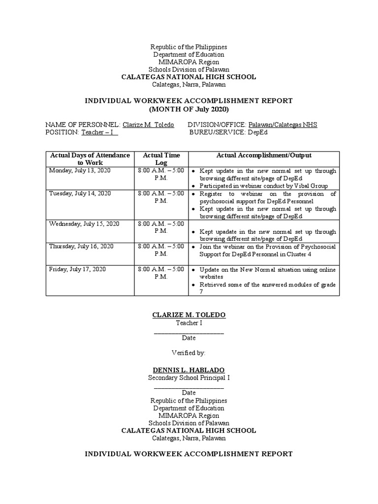 Clarize M. Toledo's Individual Workweek Accomplishment Reports ...