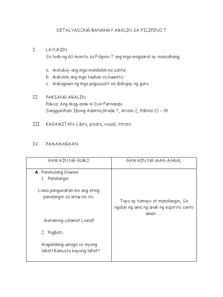 Detalyadong Banghay Aralin Sa Filipino 7 | PDF