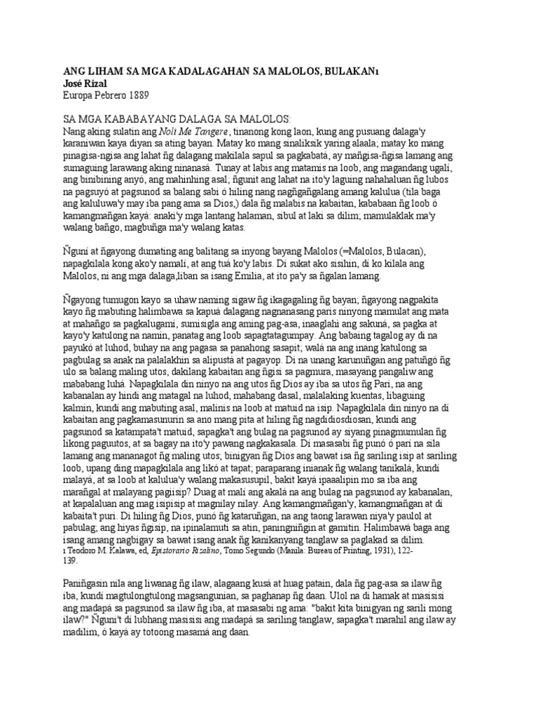Ang Liham Sa Mga Kadalagahan Sa Malolos | PDF