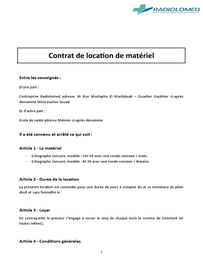 Contrat de Location de Matériel: Entre Les Soussignés | PDF