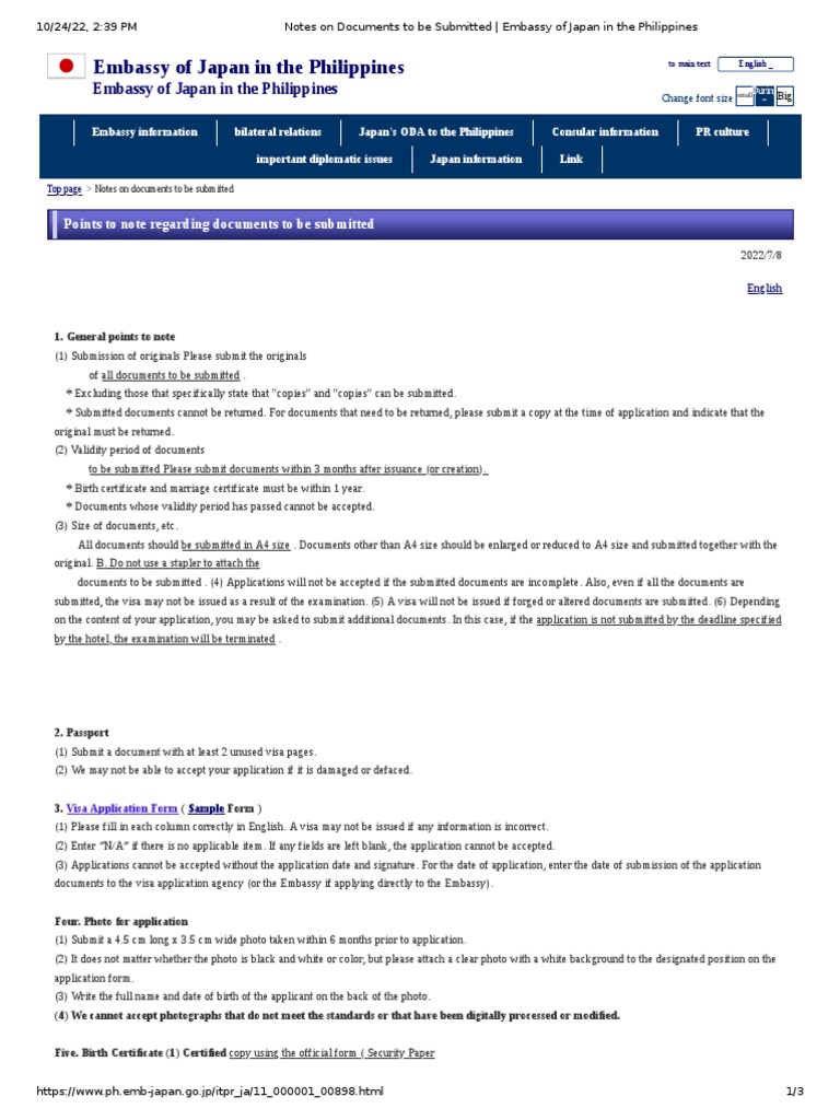 Notes On Documents To Be Submitted - Embassy of Japan in The ...