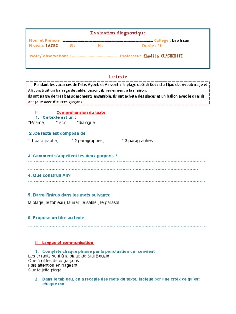 Évaluation diagnostique de français 1ACSC | PDF | Arts du langage et ...