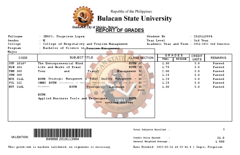 Report Of Grades Bsu 1 Modified Pdf