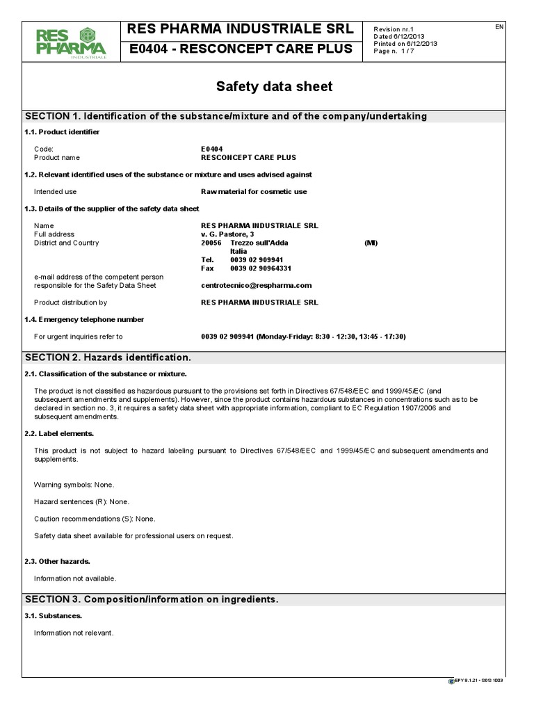 Res Pharma SDS for Care Plus | PDF | Dangerous Goods | Toxicity