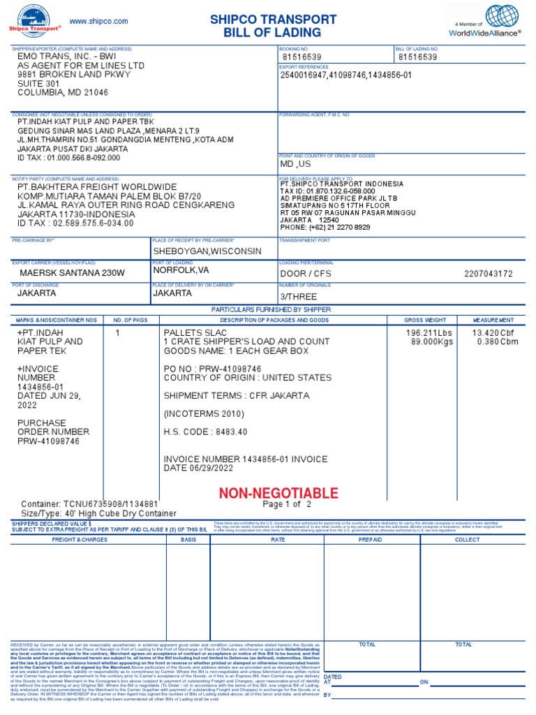 Shipco Transport Bill of Lading | PDF | Bill Of Lading | Cargo
