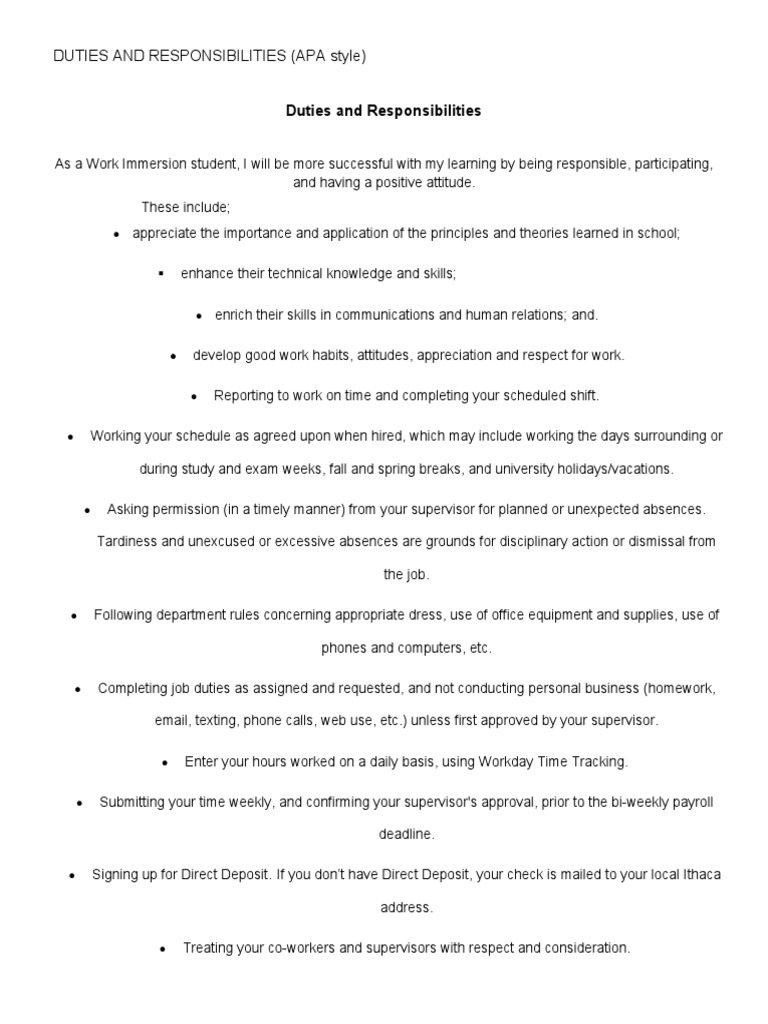 Duties and Responsibilities Aira Shane | PDF | Business | Wellness