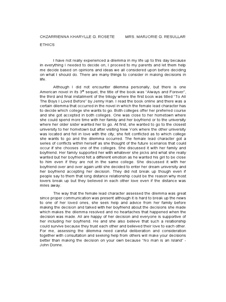 Moral Dilemma Reflection | PDF | Social Science | Self-Improvement