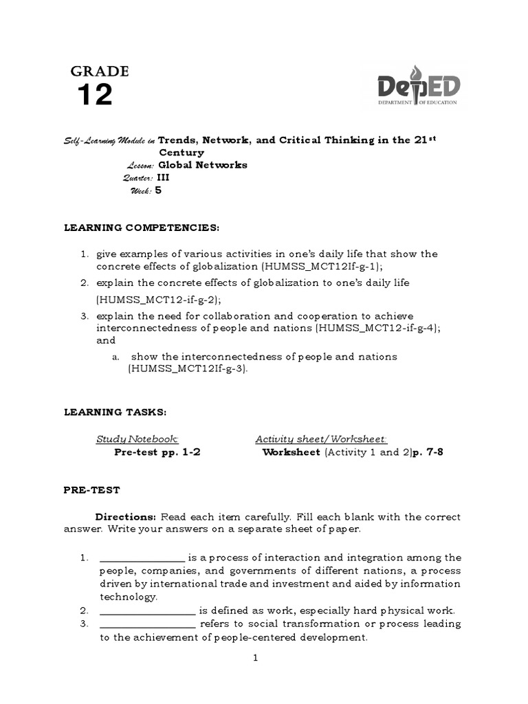 Trends Networks And Critical Thinking Q3 Module5 Pdf Globalization Human Migration