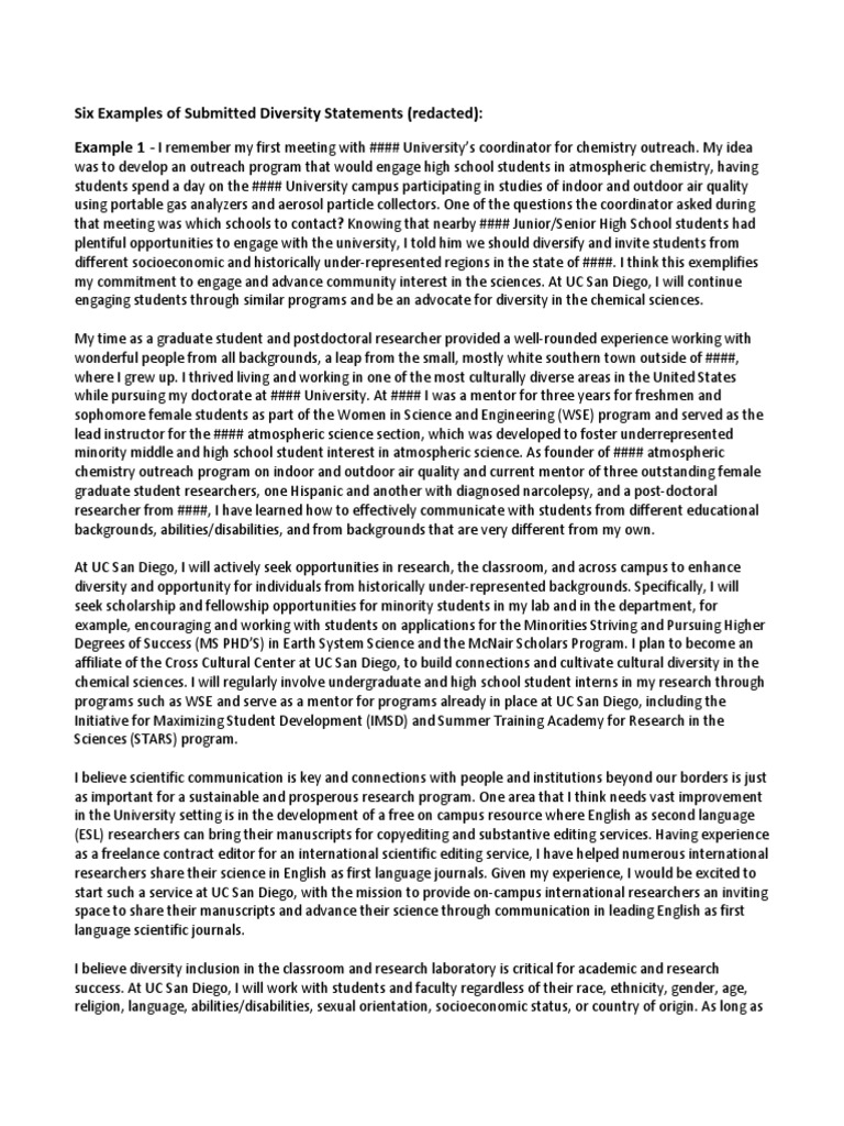 Examples Submitted Diversity Statements | PDF | Science, Technology ...