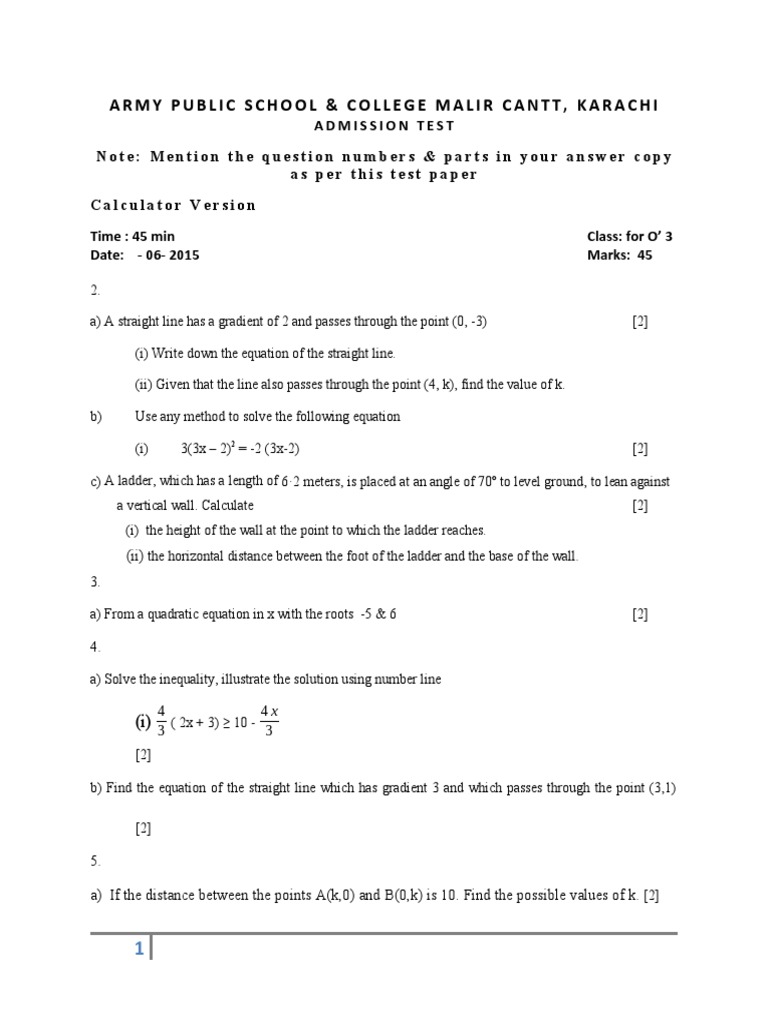 Admission Test Mathematics For O3 With Answer Key | PDF | Equations | Area