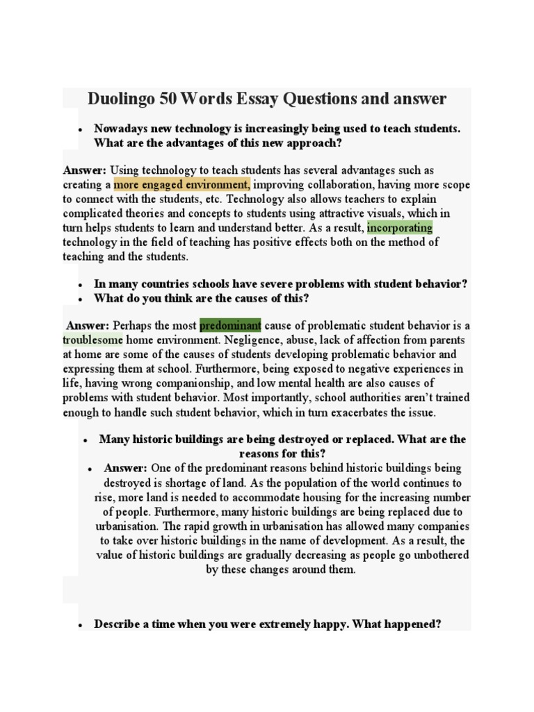 Duolingo 50 Words Essay Questions and Answer | PDF | Bus | Adolescence