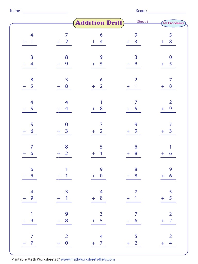 Grade 1-Addition Drill-Col-50problems-Unlocked | PDF