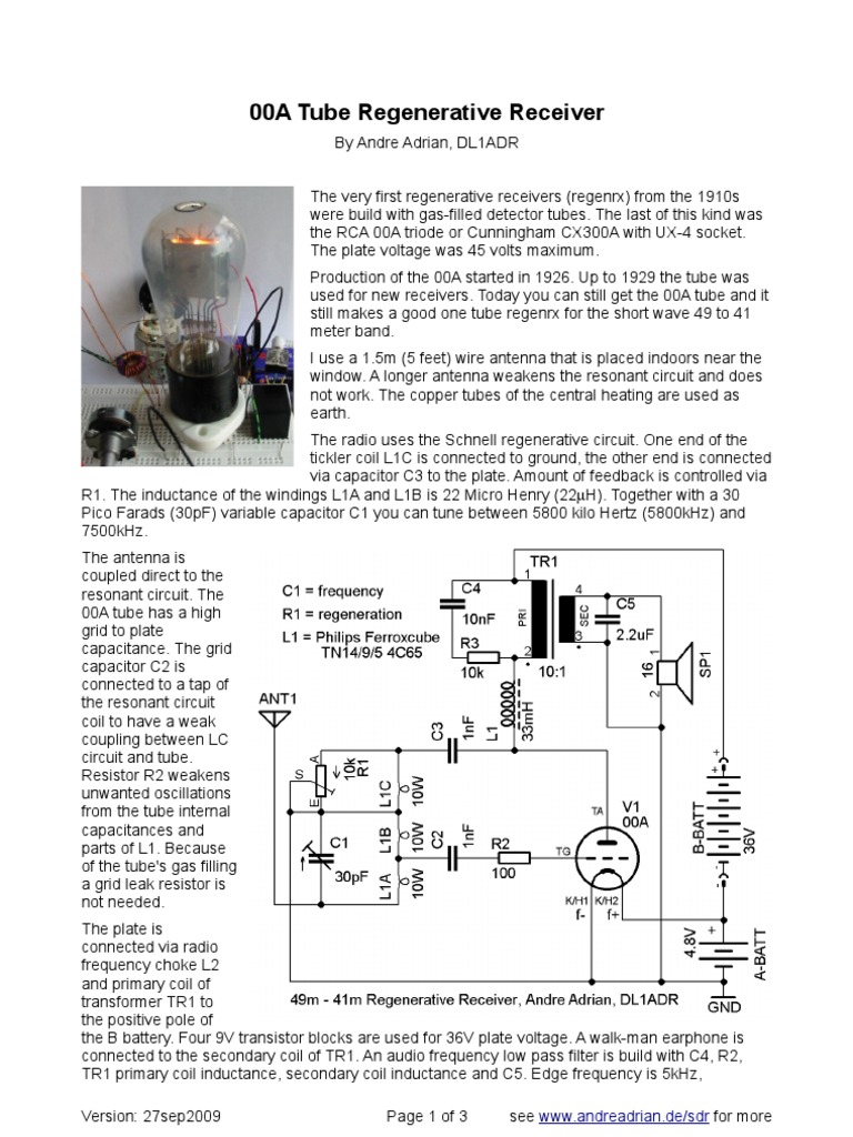 One Tube Regenerative Receiver Circuit | PDF | Amplifier | Vacuum Tube