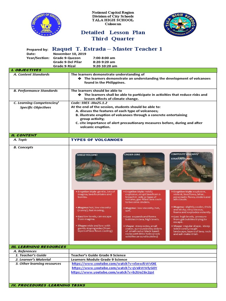 Grade 9 Lesson Plan: Types of Volcanoes | PDF | Volcano | Learning