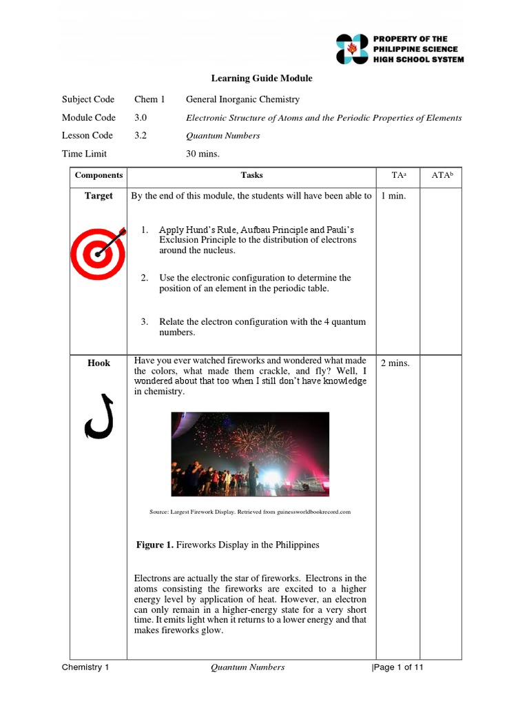 SLG Chem1 LG 3.2 Quantum Numbers | PDF | Atomic Orbital | Electron ...
